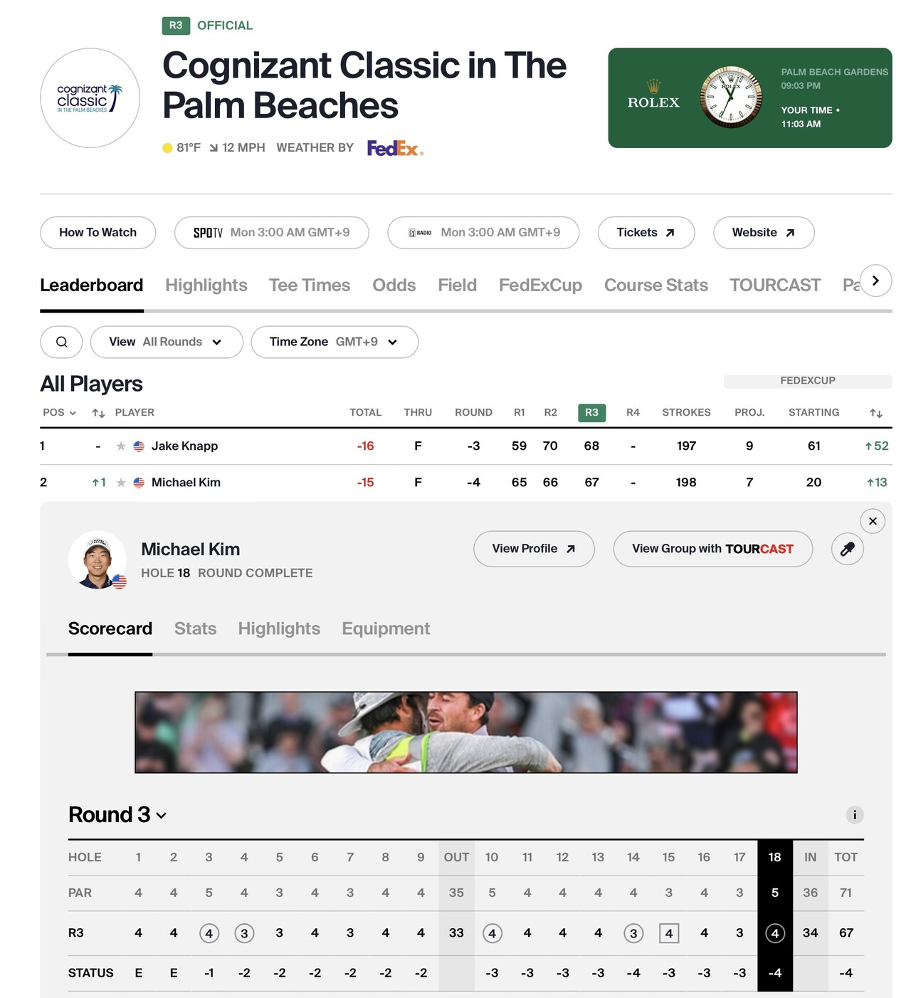 재미교포 마이클 김, PGA 코그니전트 클래식 3R 2위…역전 우승 도전
